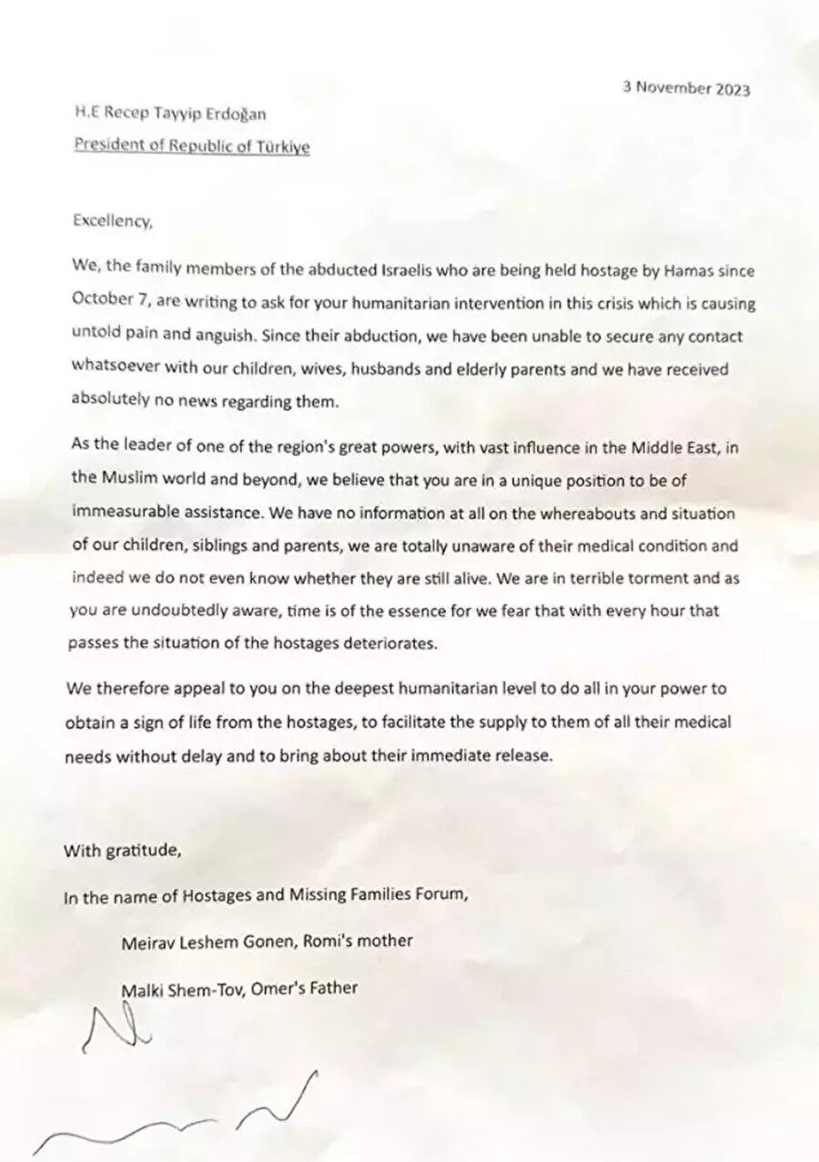 İsrailli rehinelerin ailelerinden Erdoğan'a mektup: İnsani bir müdahalede bulunmanızı istiyoruz