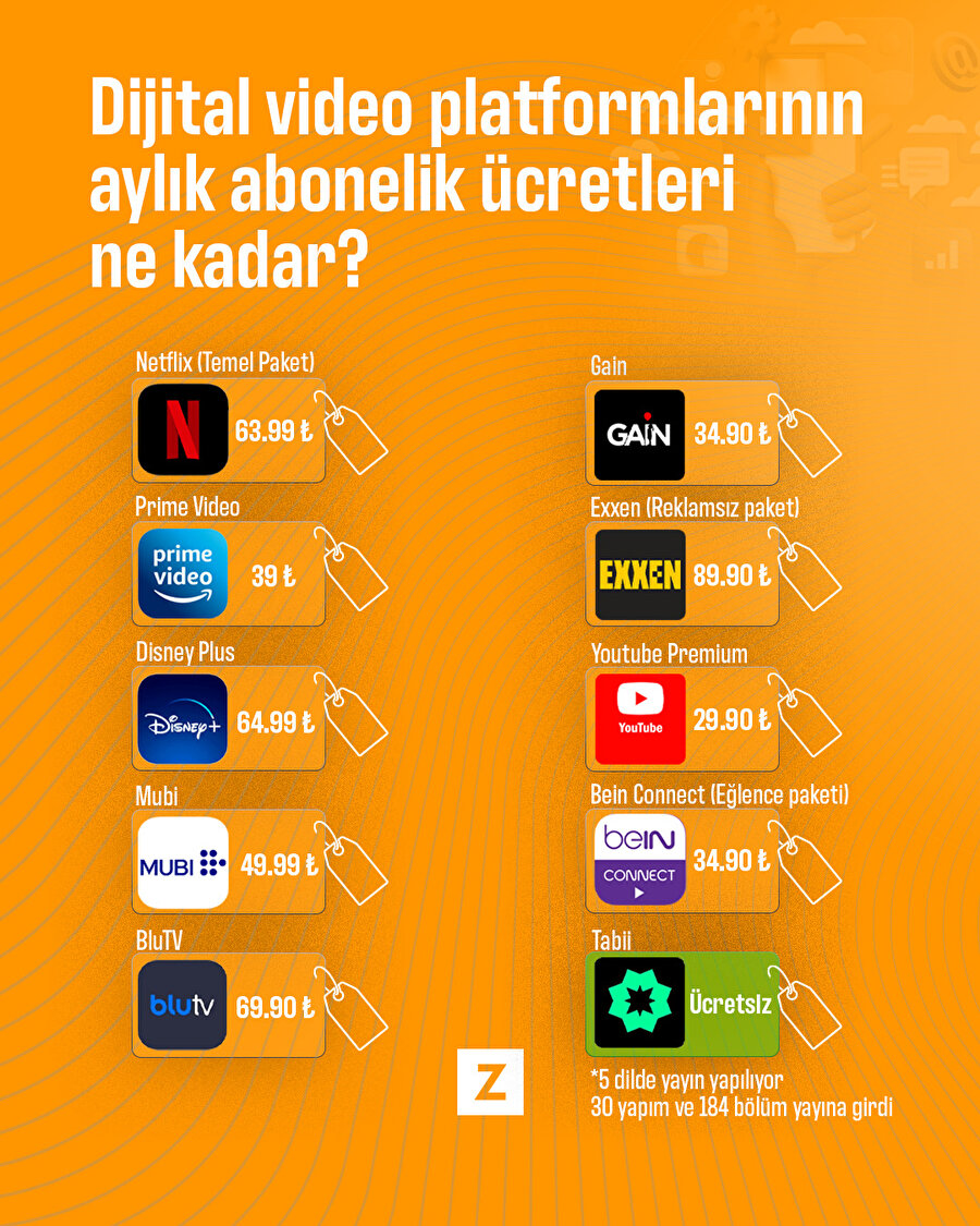 Dijital video platformlarının aylık abonelik ücretleri ne kadar?